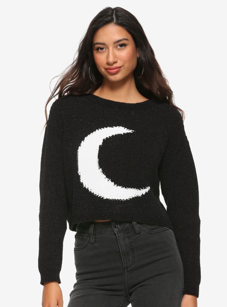 Picture of Black & White Crescent Moon Girls Crop Sweater