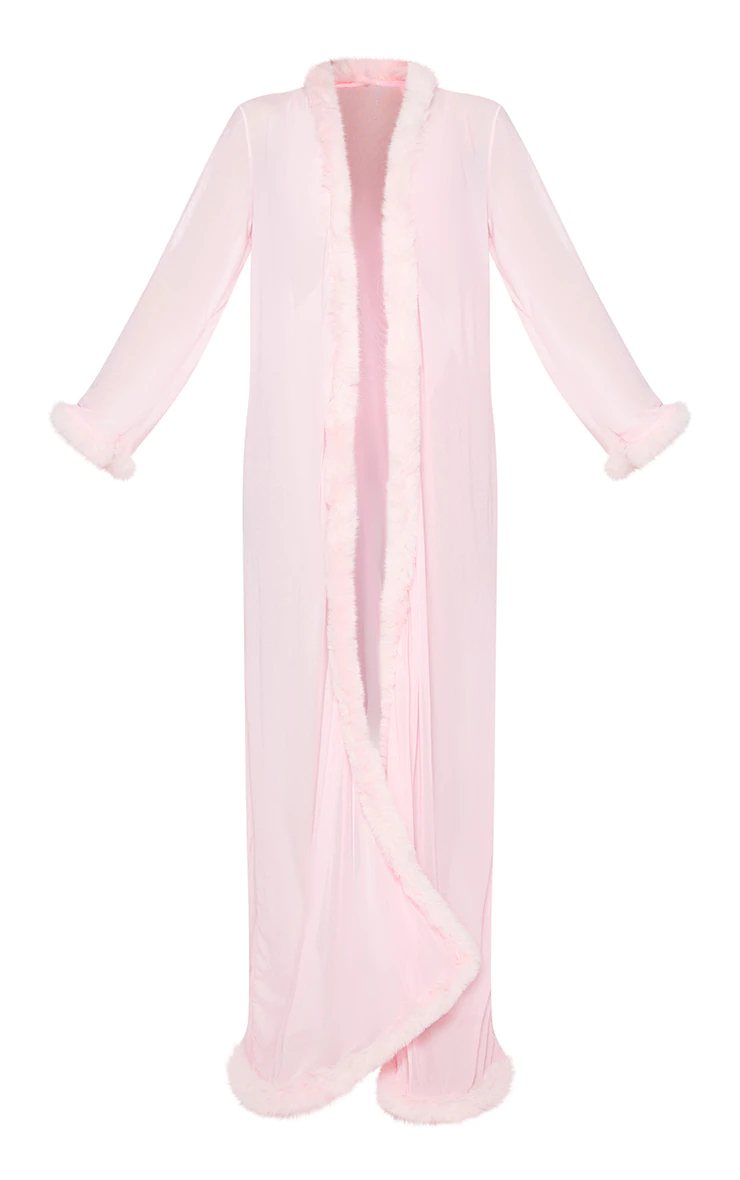 Picture of Pink Faux Fur Trim Long Mesh Robe