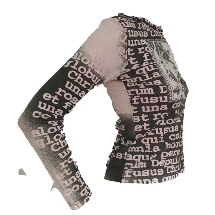 Image of Pink and black mesh top with latin writing...