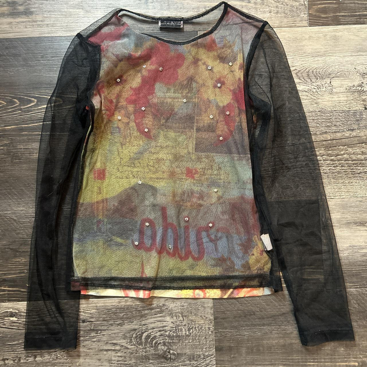 mesh sheer graphic long sleeve with bedazzled rhinestones size xs/small ...