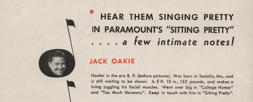 Bio for Jack Oakie from Back Cover of Sheet Music