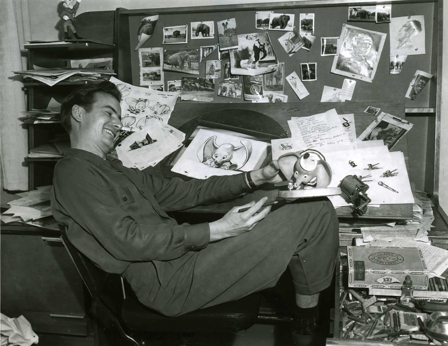 Bill Peet at his desk on 'Dumbo'