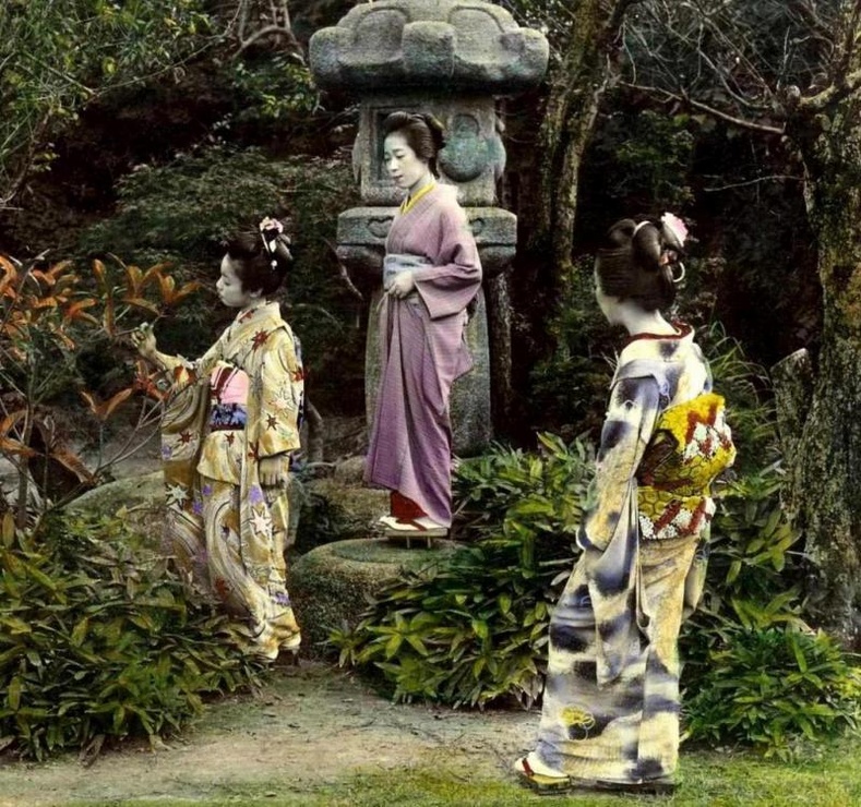 Three Geisha in a Tea House Garden