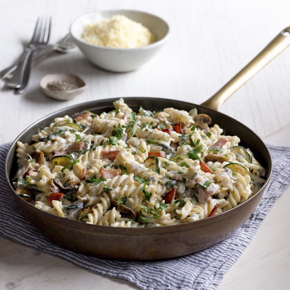 Bacon, Mushroom and Zucchini Fusilli